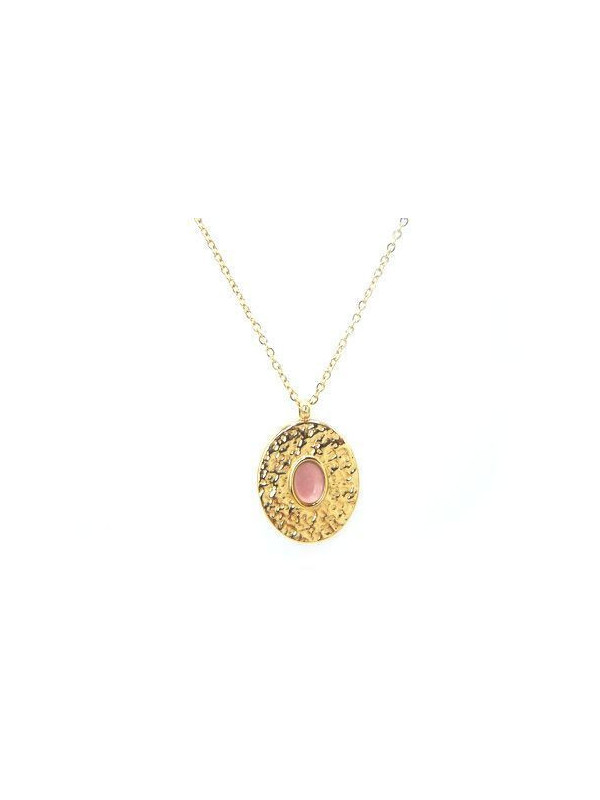 Collier Acier Inoxydable ovale or pierre rose